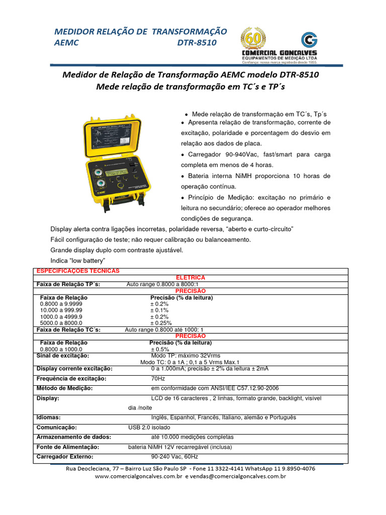 Medidor Relacao Transformacao TTR Aemc Modelo DTR 8510 1fceb538f5 | PDF