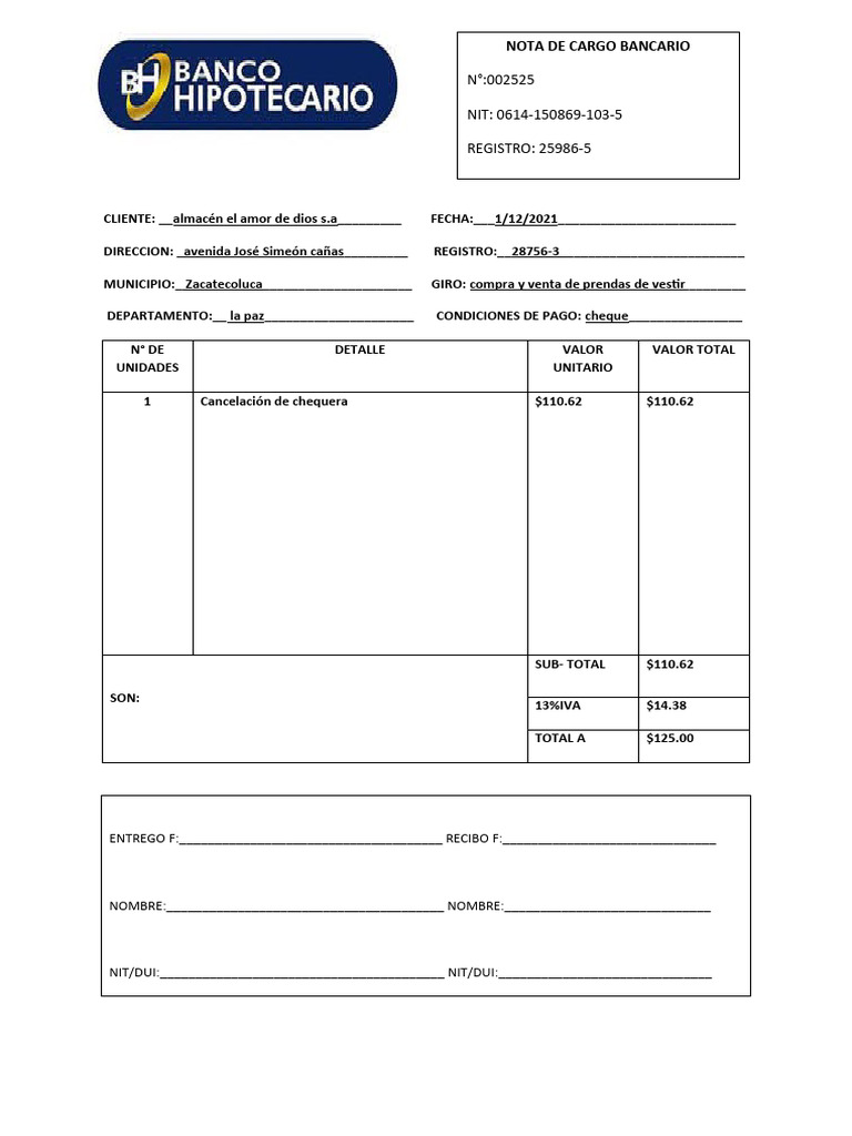Nota de Cargo Bancario Detallada | PDF