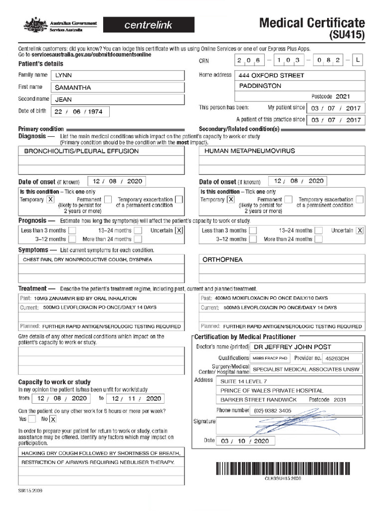 Centerlink Australia, Medical Certificate | PDF