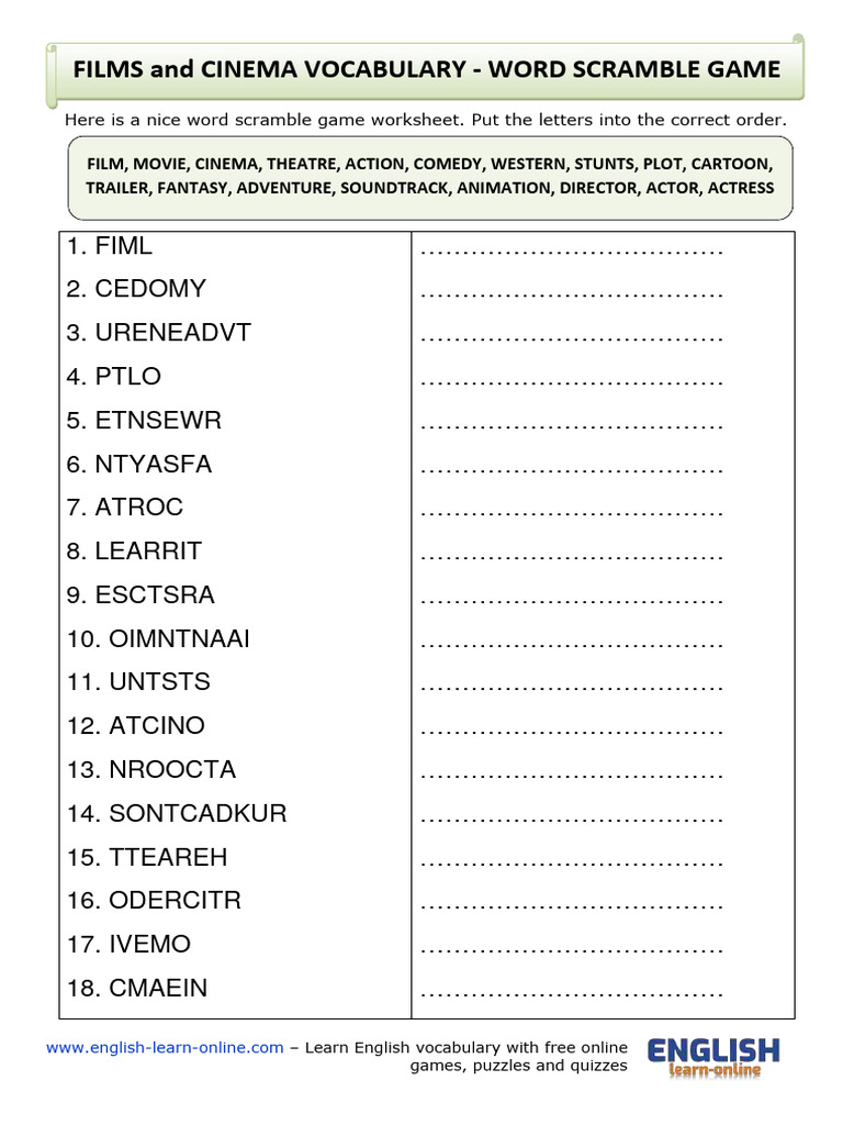 Films Cinema Vocabulary Word Scramble Game Worksheet | PDF
