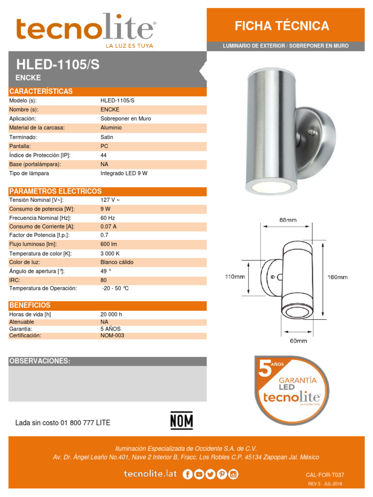 Ficha Tecnica de Luminaria de Pared | PDF