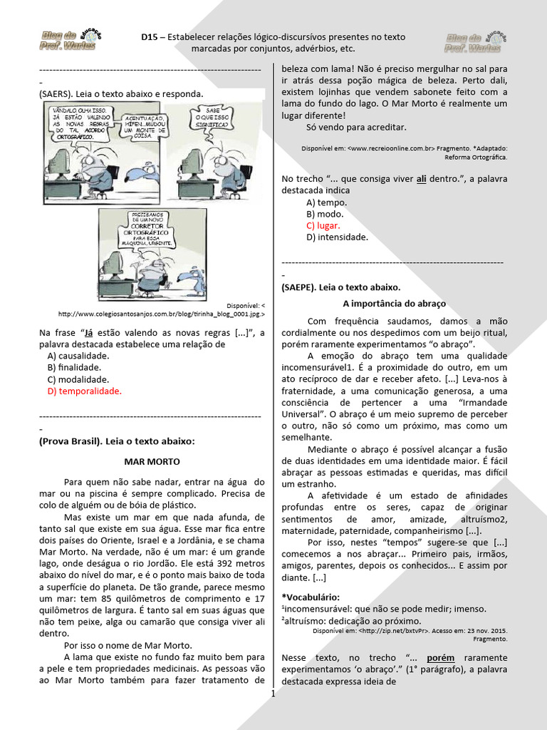 D15 (9º Ano - L.P - BLOG Do Prof. Warles) | PDF | Tempo