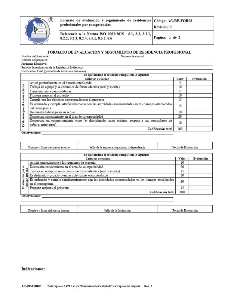 8 FMTO EVAL y SEG RESI PROFES COMP AC-RP-FOR08 REV 2 | PDF