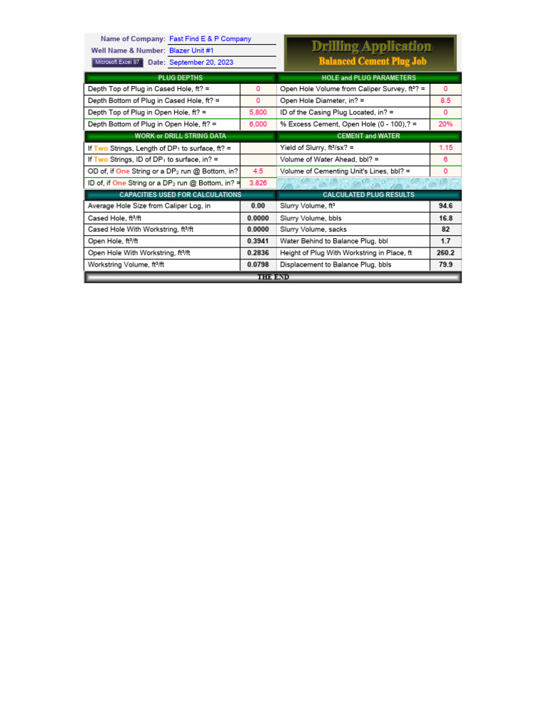Balanced Cement Plug Calculation Data | PDF