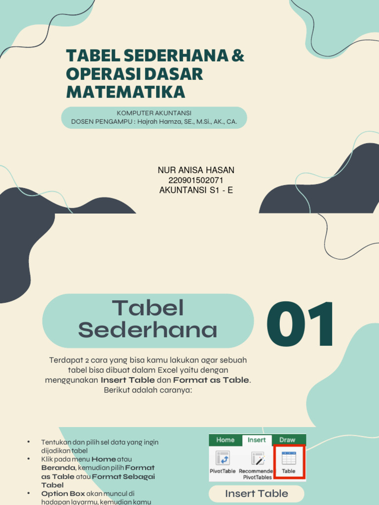Tabel Sederhana & Dasar Oprsi MTK - 220901502071 - Nur Anisa Hasan - e - Komp. Akuntansi-1 | PDF