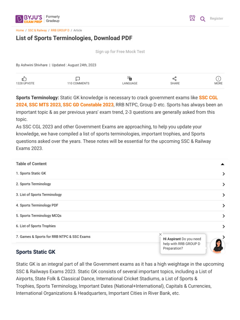 Sports Terminologies GK Study Notes For SSC MTS Exams 2021 | PDF | Ball ...