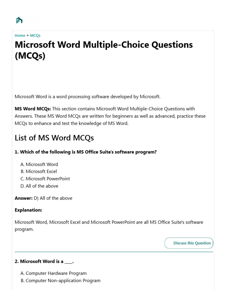 Microsoft Word Multiple-Choice Questions (MCQS) | PDF | Microsoft Word | Letter Case
