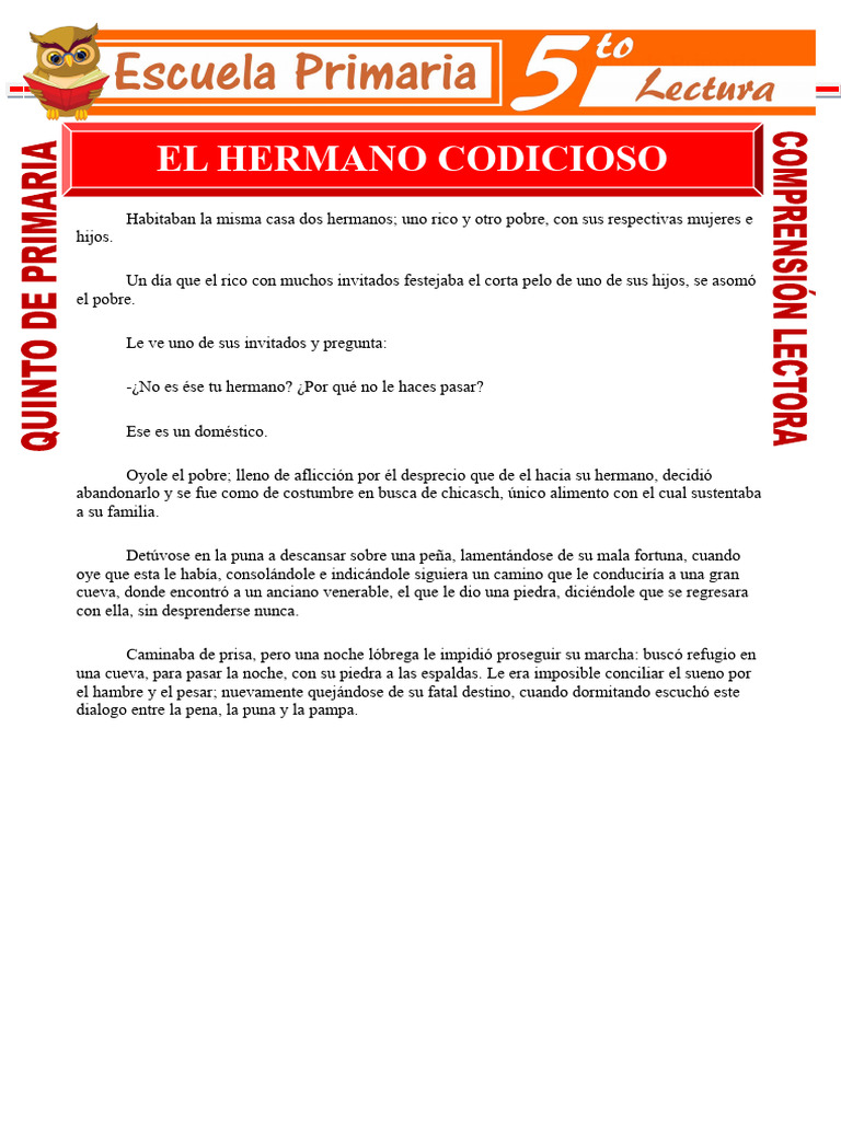 El-Hermano-Codicioso-para-Quinto-Grado-de-Primaria | PDF