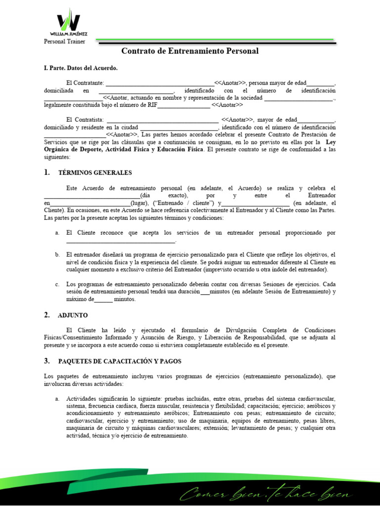 Contrato Entrenador Personal WJ | PDF | Infarto de miocardio | Dietético