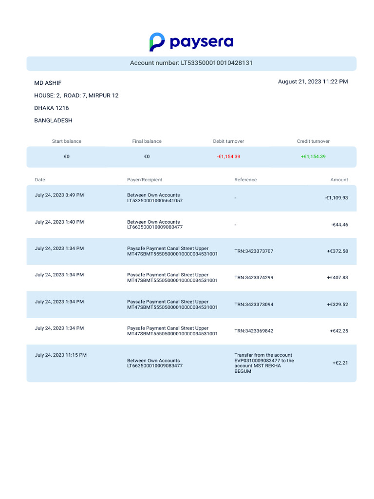Paysera Statement - 2023 08 21 - 23 22 12 | PDF | Payments | Jargon