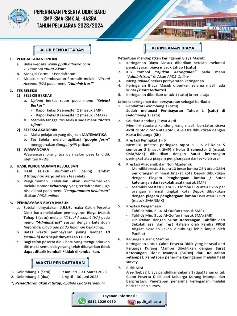 Biaya Masuk SMP-SMA-SMK Al-Hasra 2024 | PDF