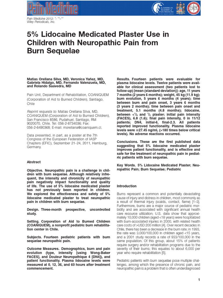 5% Lidocaine Medicated Plaster Use in Children With Neuropathic Pain ...