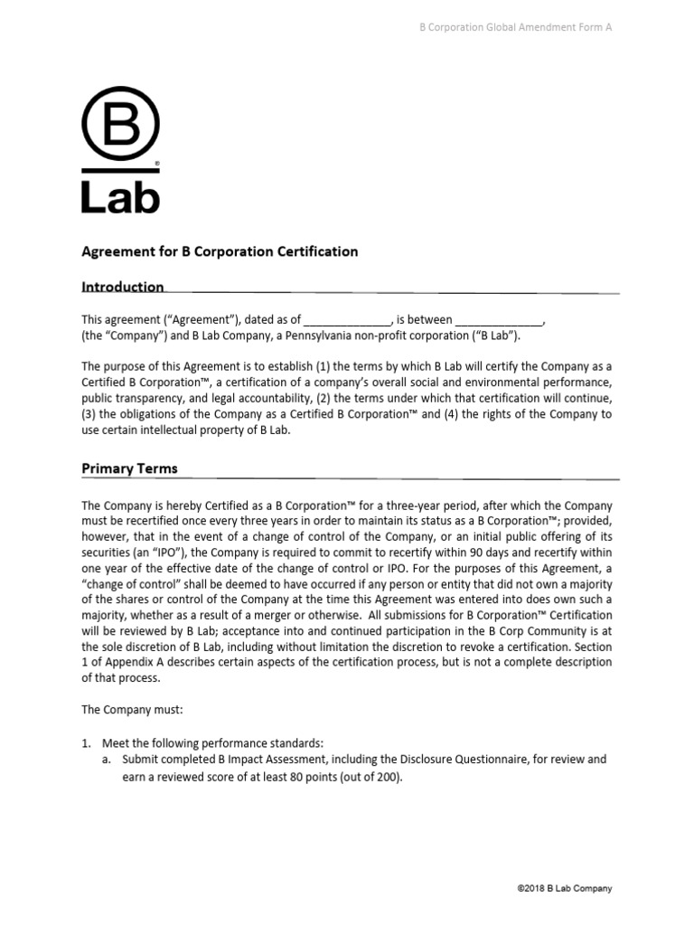 Agreement For B Corp Certification Global Amendment Form A | PDF ...