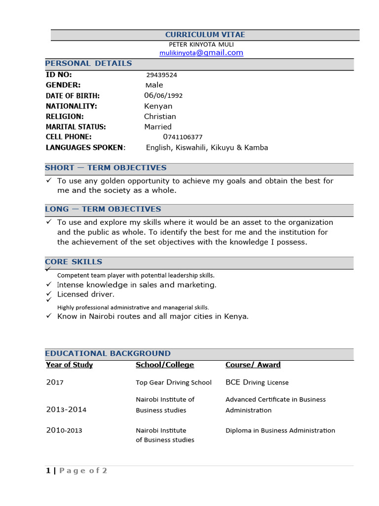 Peter Kinyota's CV | Download Free PDF | Kenya