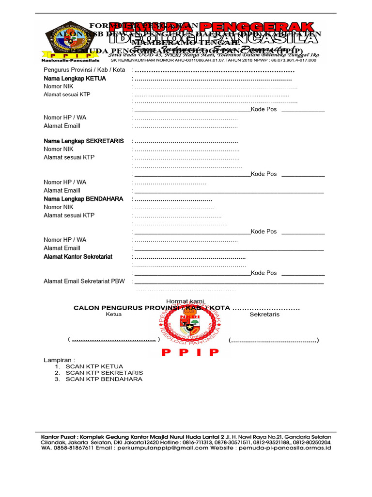 Formulir Pengajuan Pengurus DPW Atau DPD Ppip | PDF