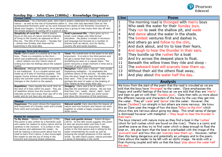 2) Sunday Dip Knowledge Organiser | PDF | Poetry | Romanticism