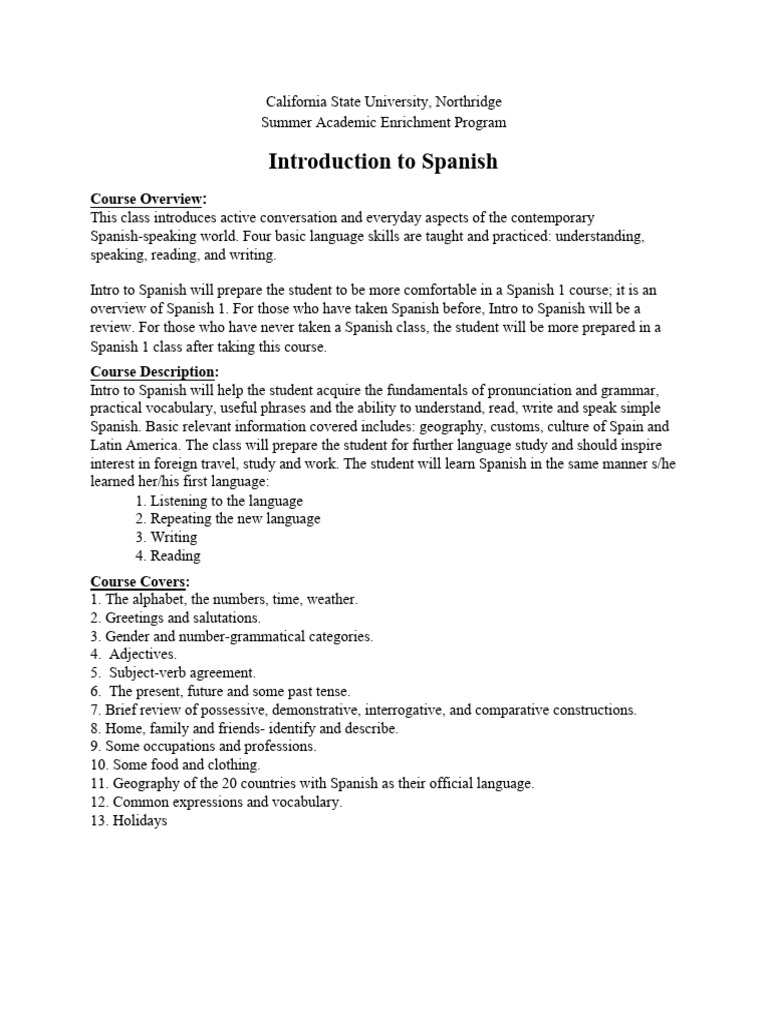 Introduction To Spanish Syllabus | Download Free PDF | Spanish Language ...