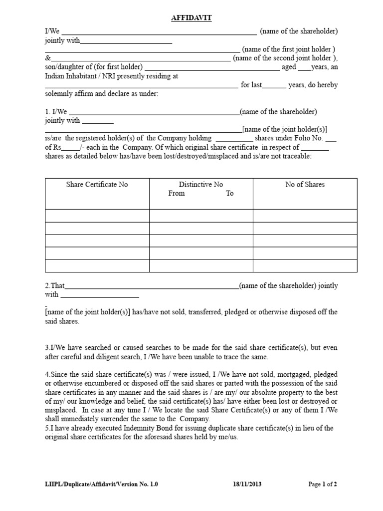 Affidavit For Issue Of Duplicate Share Certificate Pdf Notary Public Affidavit