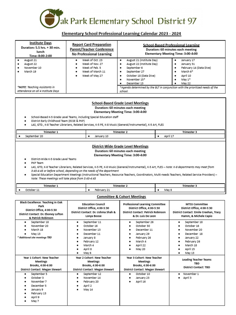 Elementary School Professional Learning Calendar 2023 - 2024 1 | PDF ...