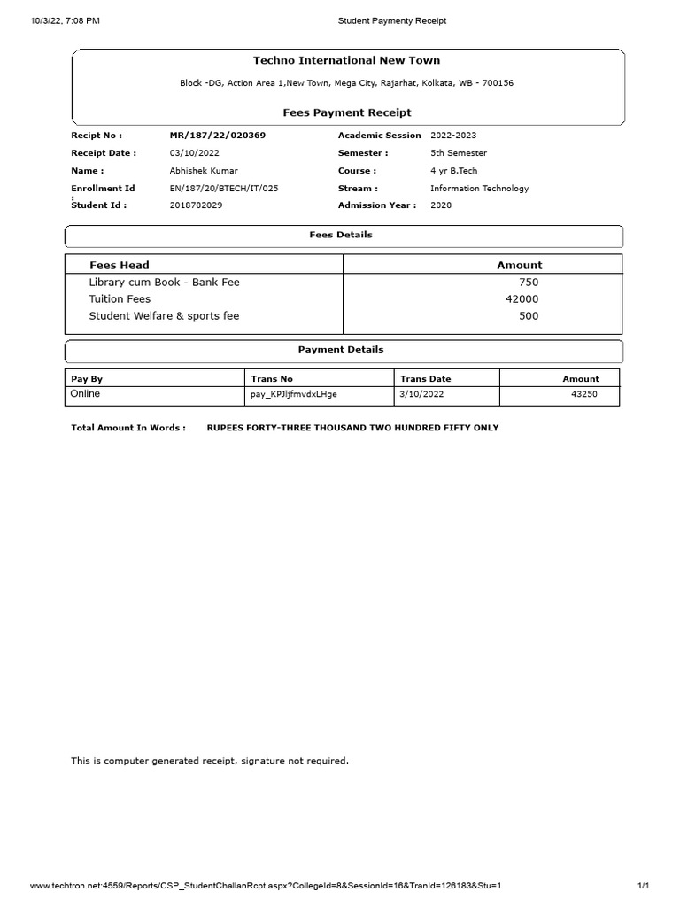 Student Payment Receipt (5th Sem) | PDF