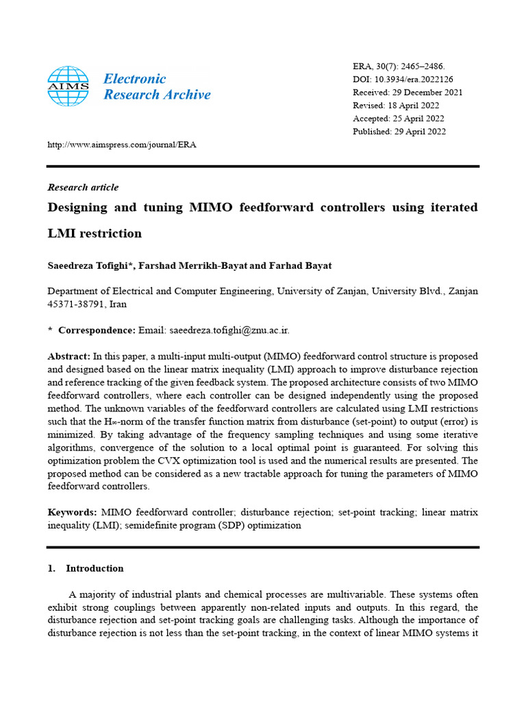 Designing and Tuning MIMO Feedforward Controllers Using Iterated | PDF ... Designing and Tuning MIMO Feedforward Controllers Using Iterated | PDF ...