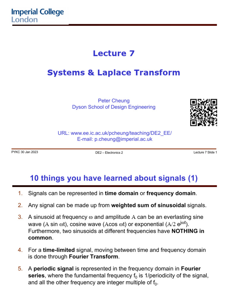 Lecture 7 - Systems & Laplace Transform (Slides) | PDF | Laplace ...