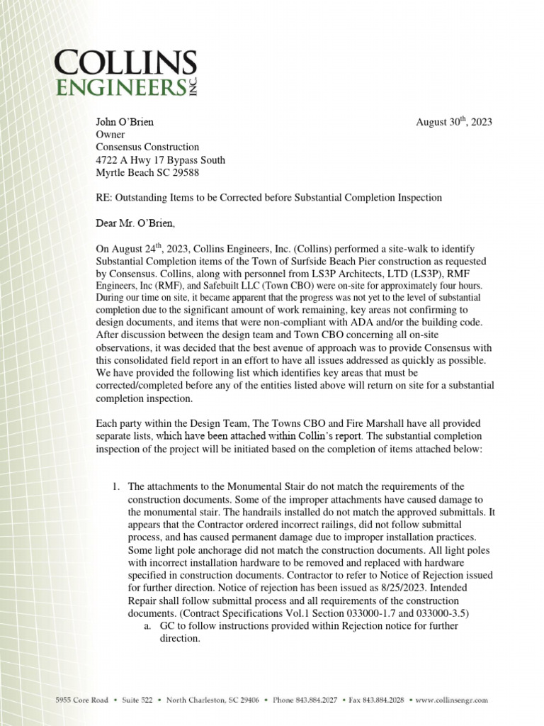 Substantial Completion Discrepancy Letter | PDF | Stairs | Building ...