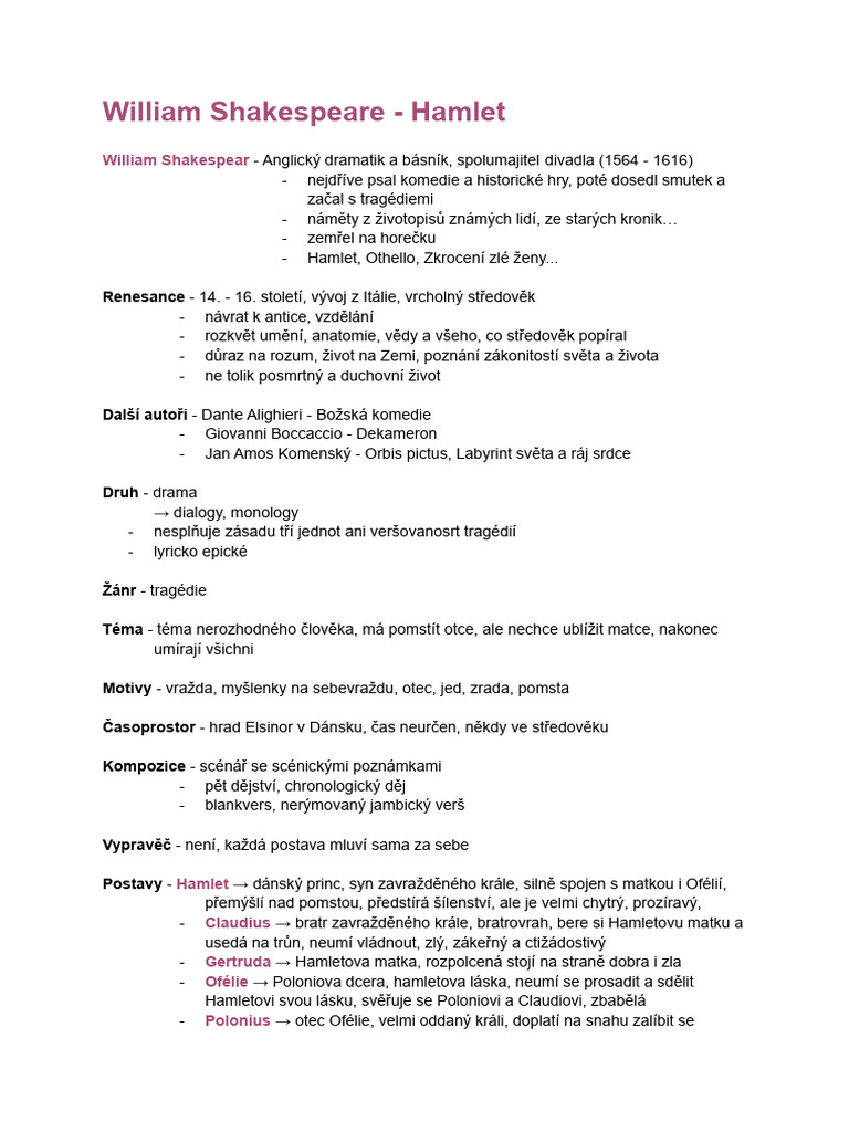 William Shakespeare - Hamlet Rozbor Díla K Maturitě | PDF
