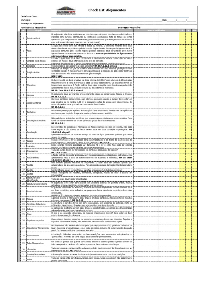 Check List de Alojamento de Obras em PDF | PDF | Desperdício | Banheiro