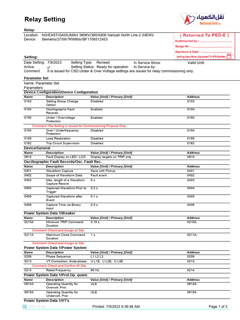 Relay Setting: Comment: The Setting Is Issued For Commissioning Purpose ...