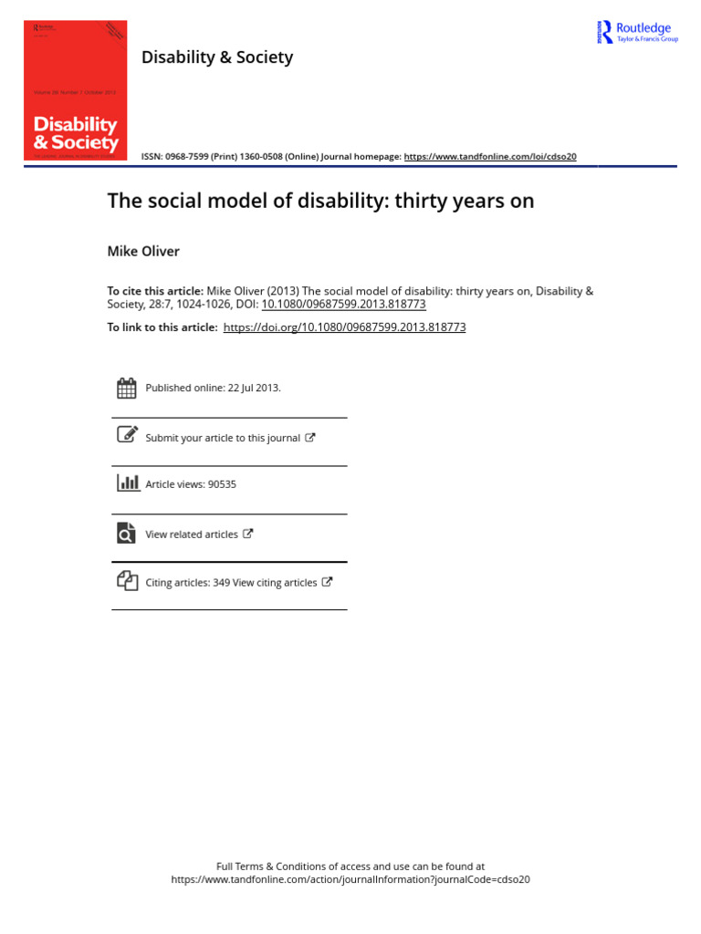 The Social Model of Disability Thirty Years On | PDF | Disability