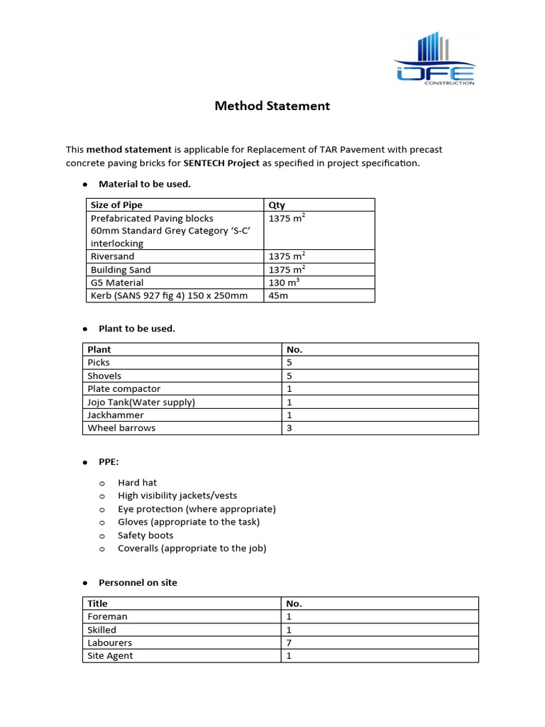 Paving Method Statement | PDF | Road Surface