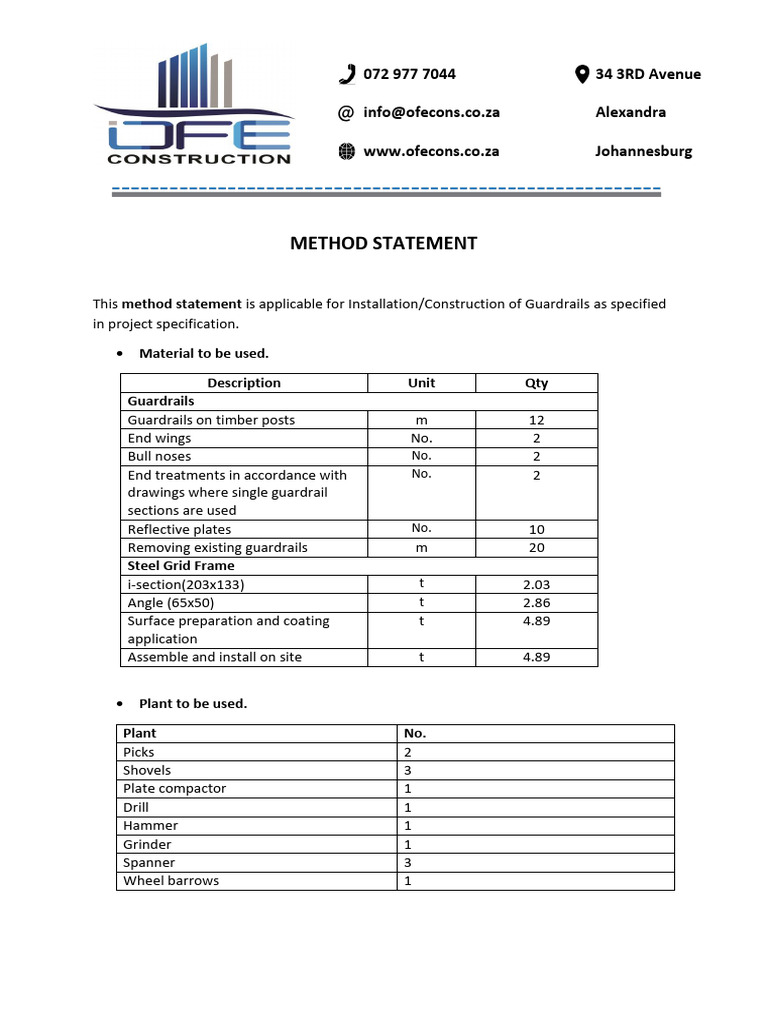 OFE Guardrails Method Statement | PDF | Safety