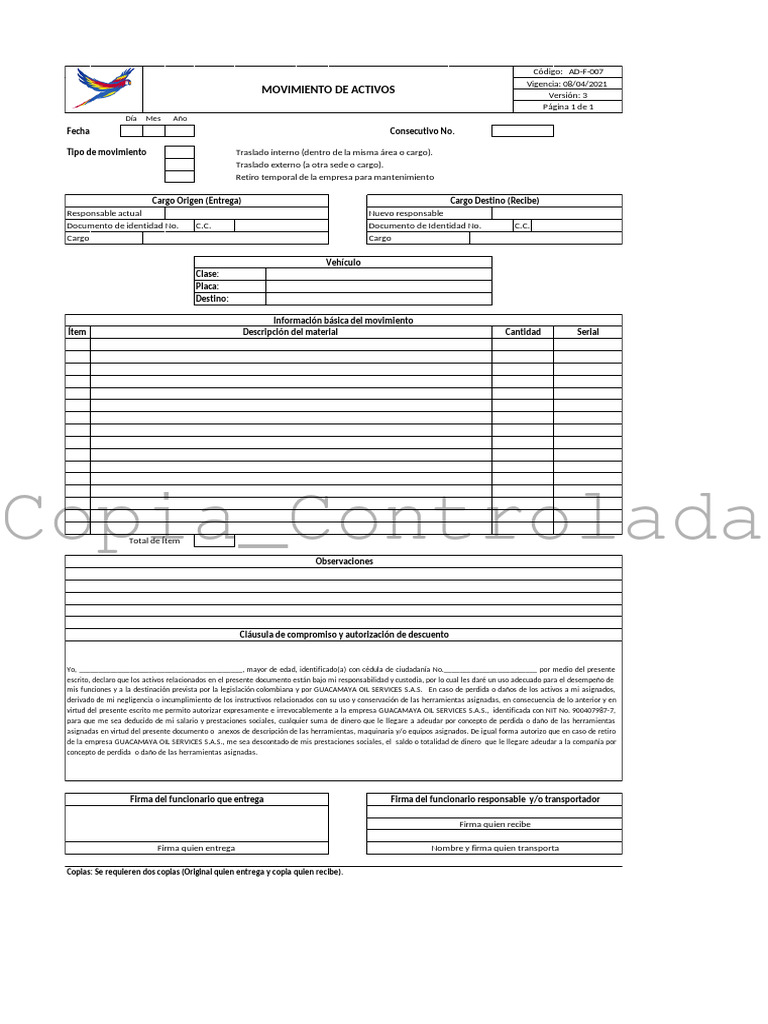 Ad F 007 Movimiento De Activos Pdf
