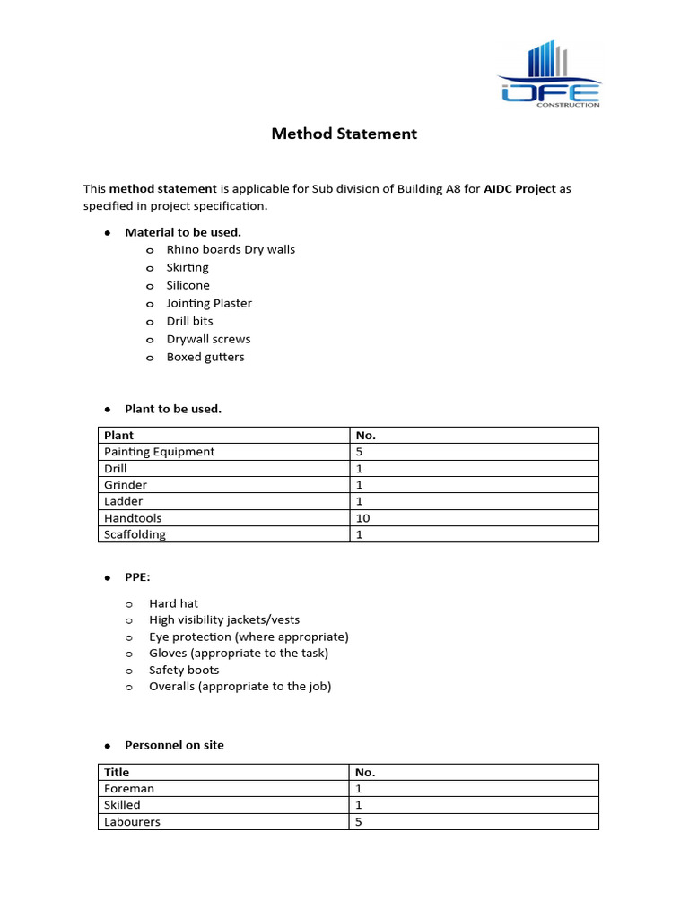 Renovations Method Statement | PDF | Drywall | Paint