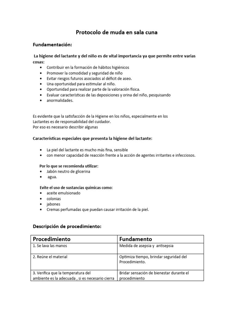 Protocolo de Muda en Sala Cuna | PDF | Pañal | Agua