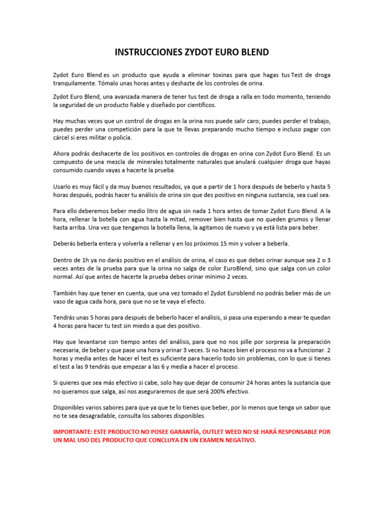 Instrucciones Zydot Euro Blend | PDF | Orina