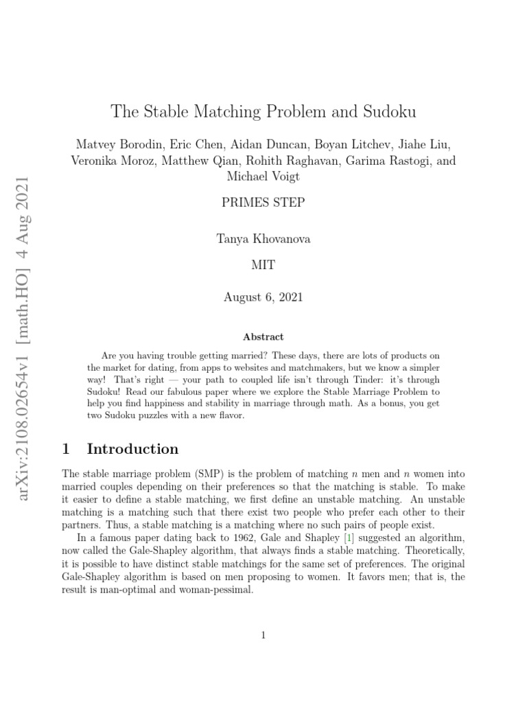 Stable Marriage Problem and Sudoko | PDF | Matrix (Mathematics) | Mathematical Objects