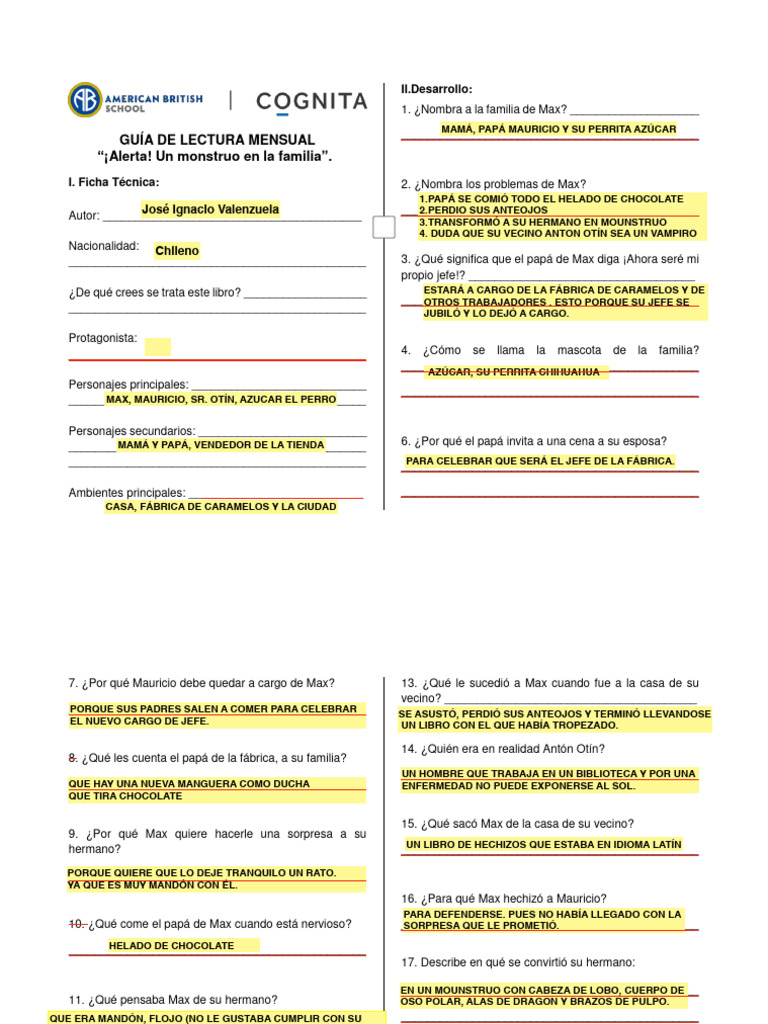 Guía de lectura: ¡Alerta! Un monstruo en la familia | PDF
