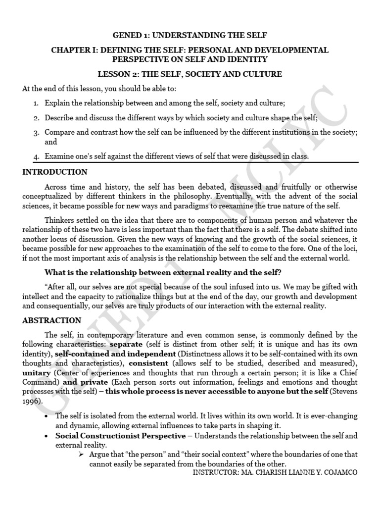 Chapter 1 Lesson 2 | PDF | Self | Self Concept