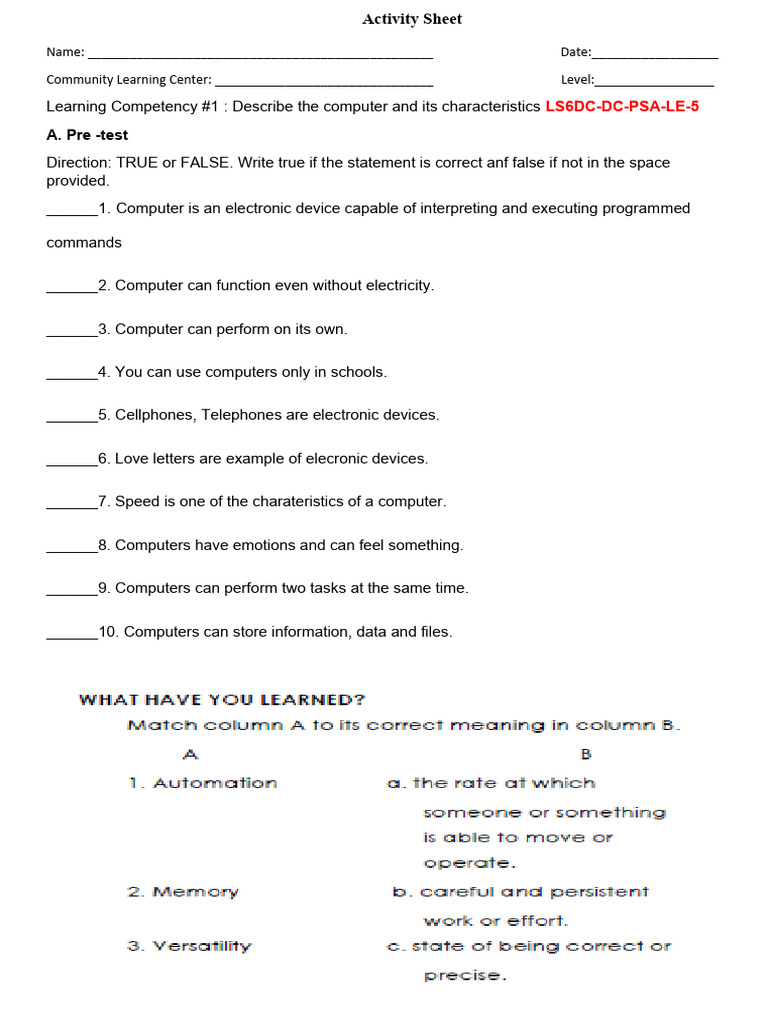 CHARACTERISTICS OF COMPUTER Answer Sheet | PDF | Personal Digital ...