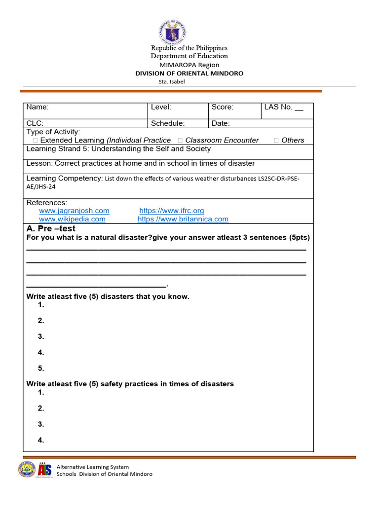 FLT #1 LS5 Safety Practices in Time of Disaster | PDF | Natural ...