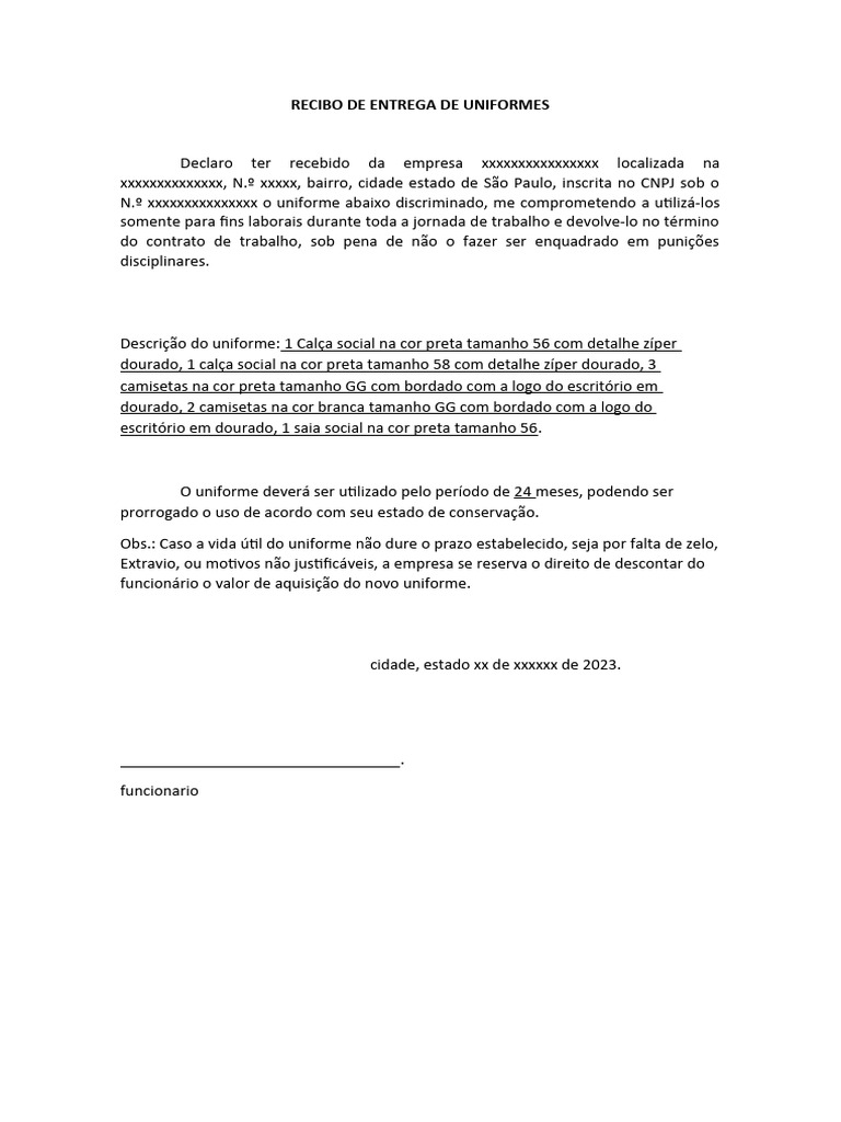 Recibo De Entrega De Uniformes Pdf