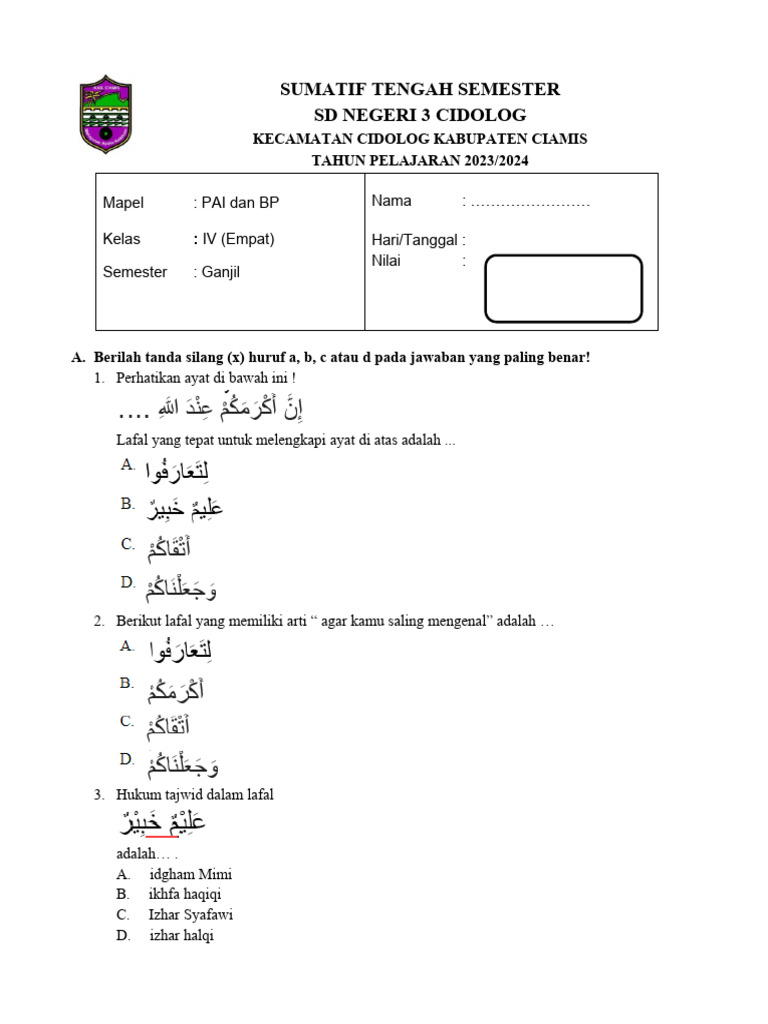 Soal PTS Paibp Kelas Iv 2023 | PDF Soal PTS Paibp Kelas Iv 2023 | PDF