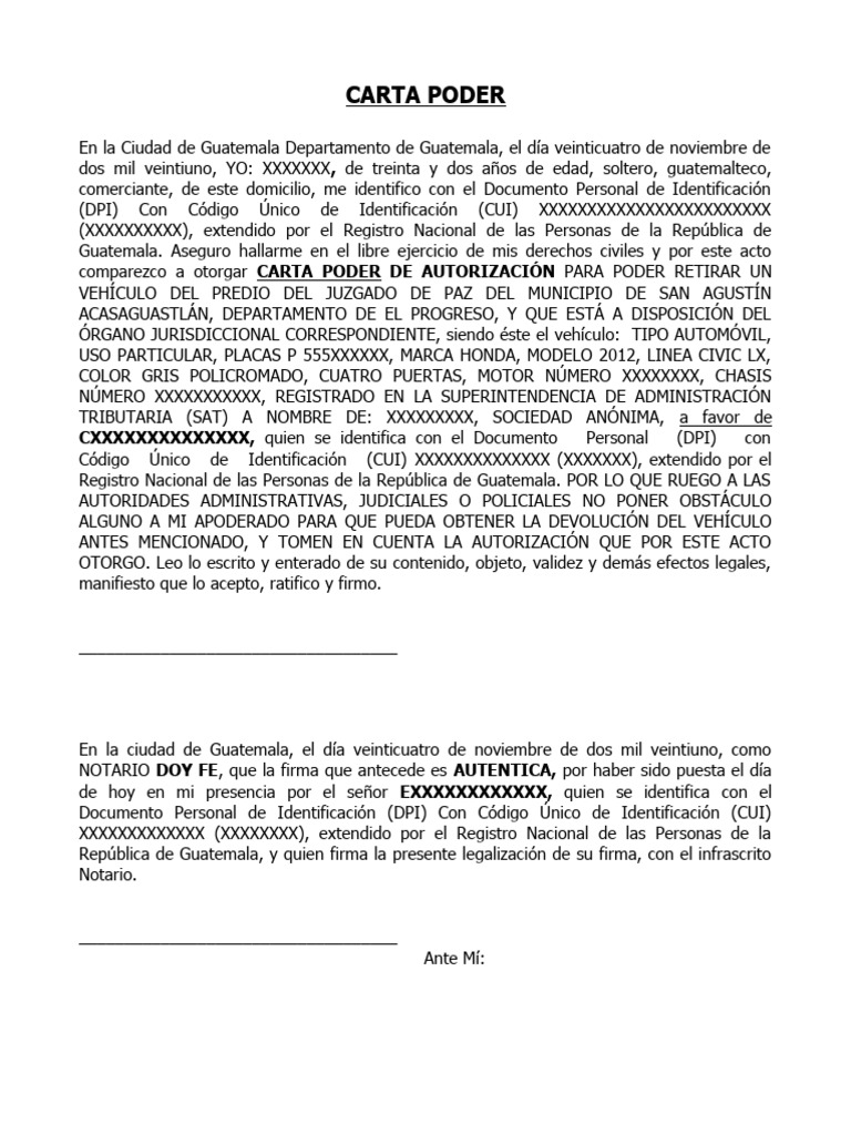 CARTA PODER PARA SACAR VEHÍCULO | PDF