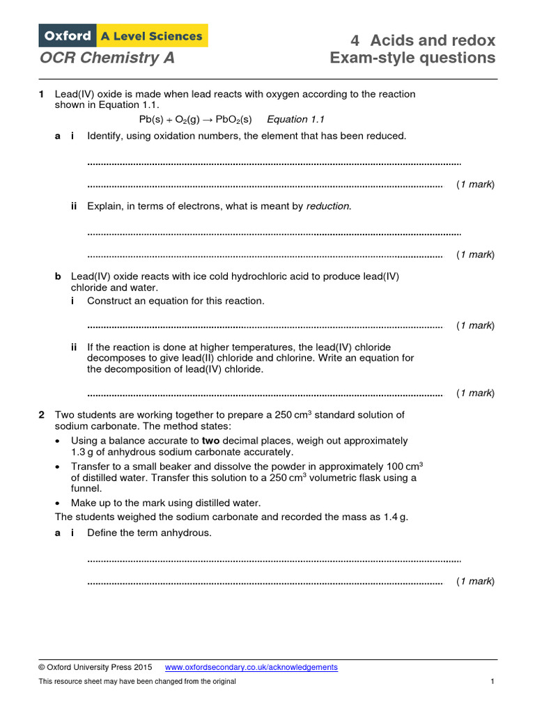 Acids and Redox Test | PDF | Titration | Chemistry