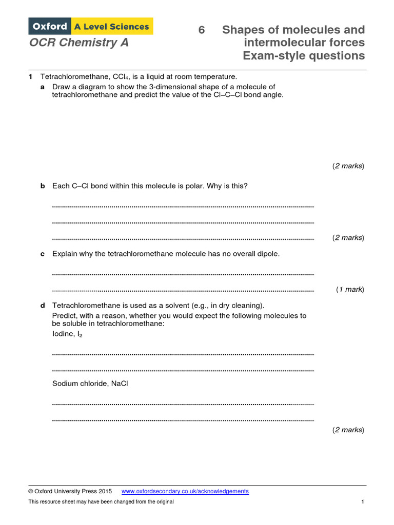 Shapes of Molecules and Intermol Forces Test | PDF | Intermolecular ...