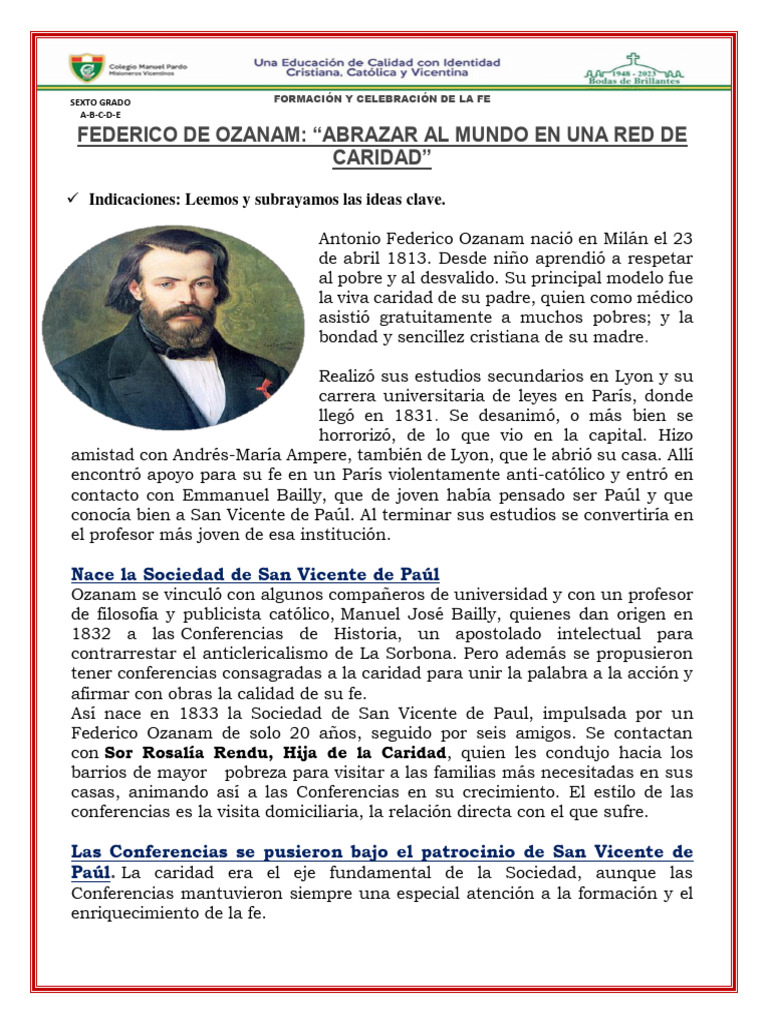 Ficha Infrmativa FEDERICO DE OZANAN 6to FYCF | PDF | Religión y ...