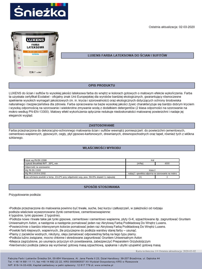 Karta Techniczna - LUXENS - Farba Lateksowa | PDF