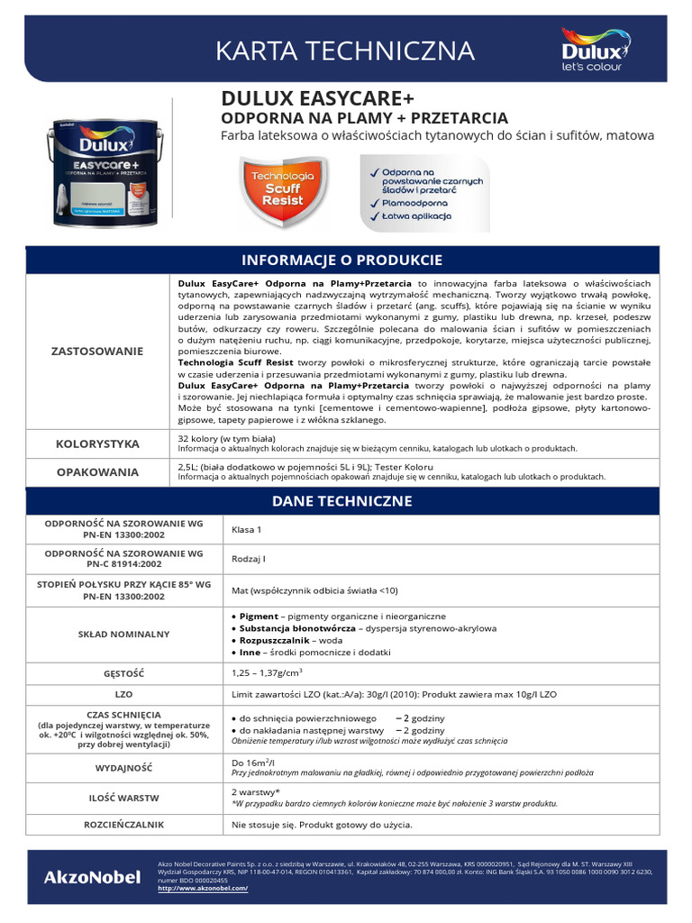 Dulux EasyCare+ - Karta Techniczna | PDF